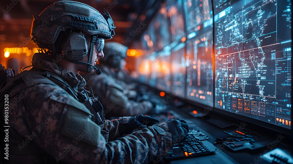 Military personnel monitor operations in a high-tech command center ...