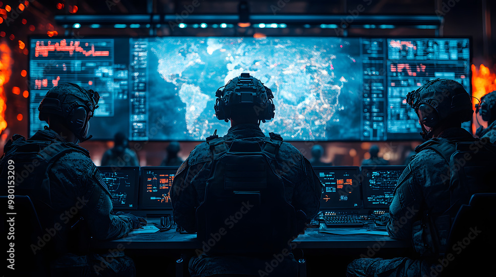 Military personnel monitor digital maps and data in a high-tech command ...