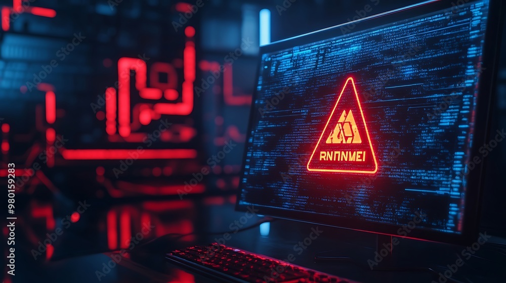 Warning sign for ransomware appearing on a desktop screen with ...