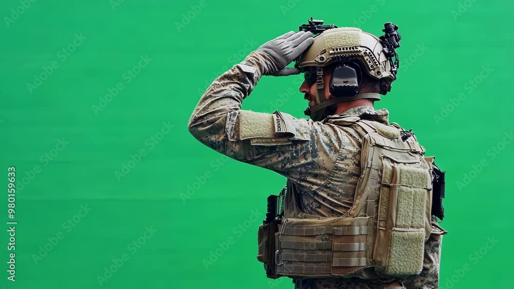 Soldier is saluting on a green screen background, providing space for ...