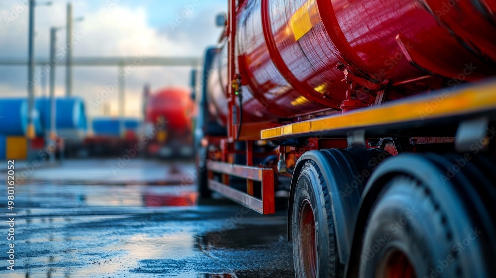 Fuel transport in industrial petroleum plant. Closeup of fuel truck at ...