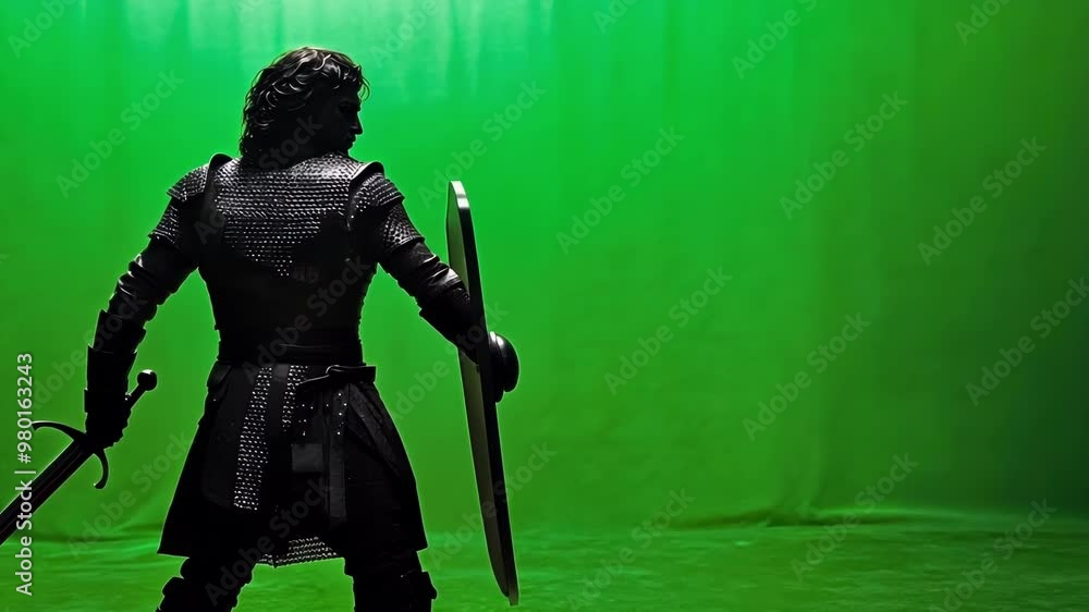 Medieval warrior wearing chainmail is holding a sword and shield on a ...