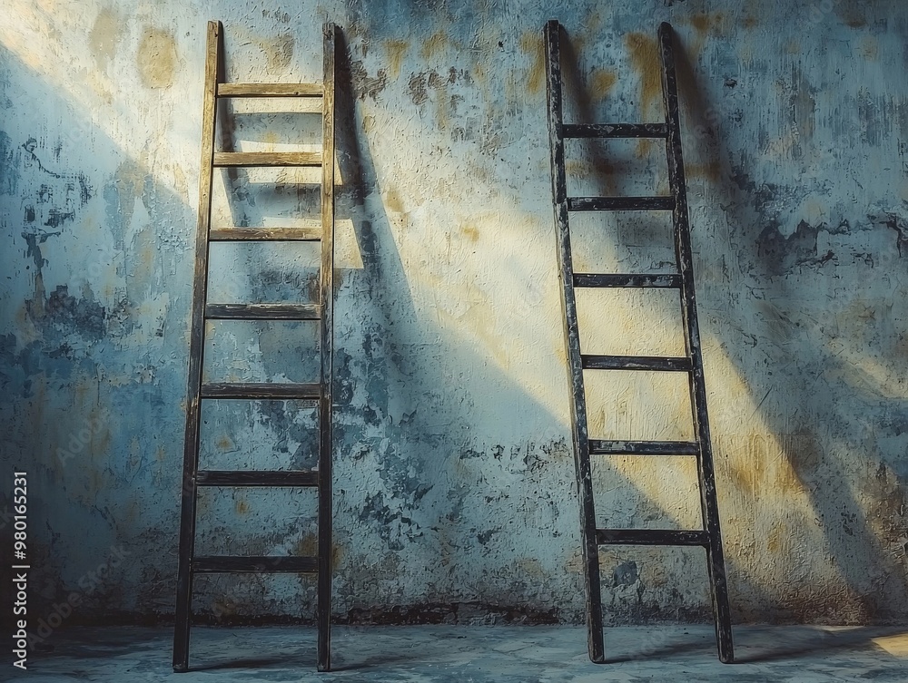 Two ladders: one being climbed with determination, each rung carefully ...