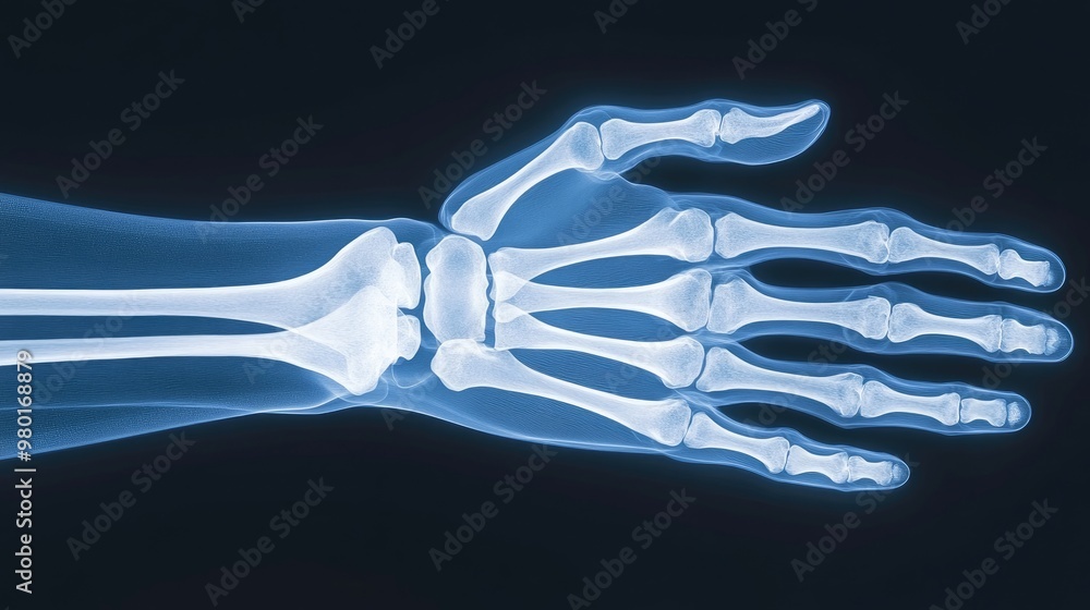 High-resolution X-ray image of a human hand showcasing bone structure ...