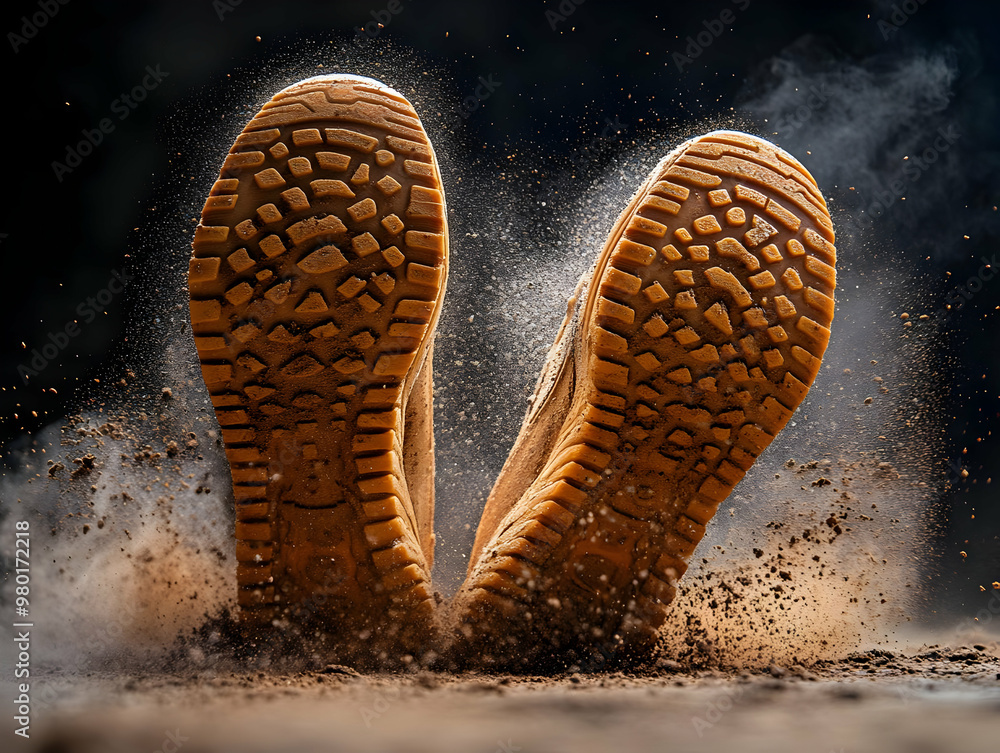 Dynamic action shot of dusty shoes leaving a trail, showcasing grit and ...