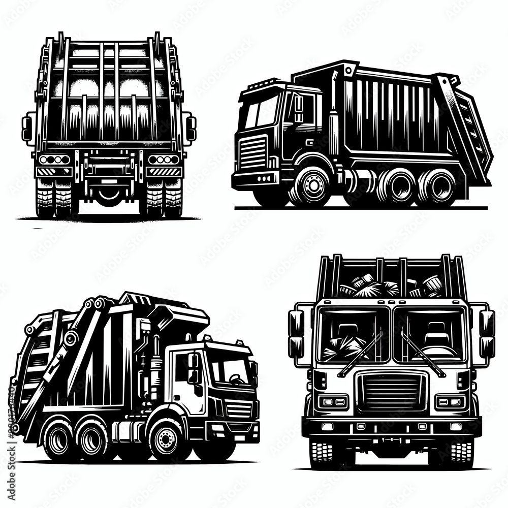 Garbage truck vector illustration collection set, transportation ...