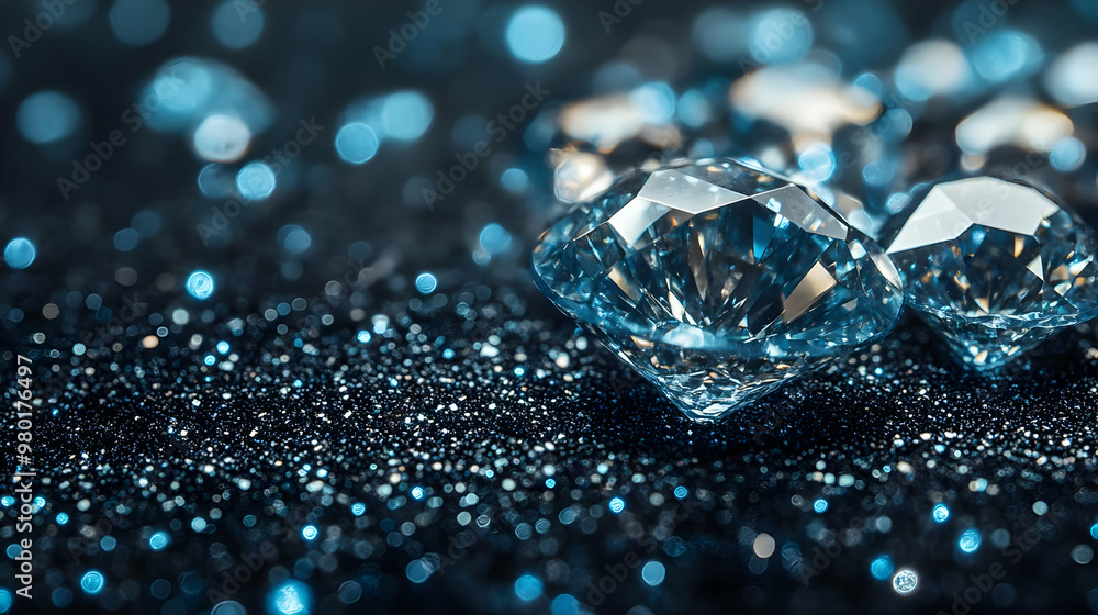 Close-up of sparkling blue diamonds on a shimmering surface, capturing ...