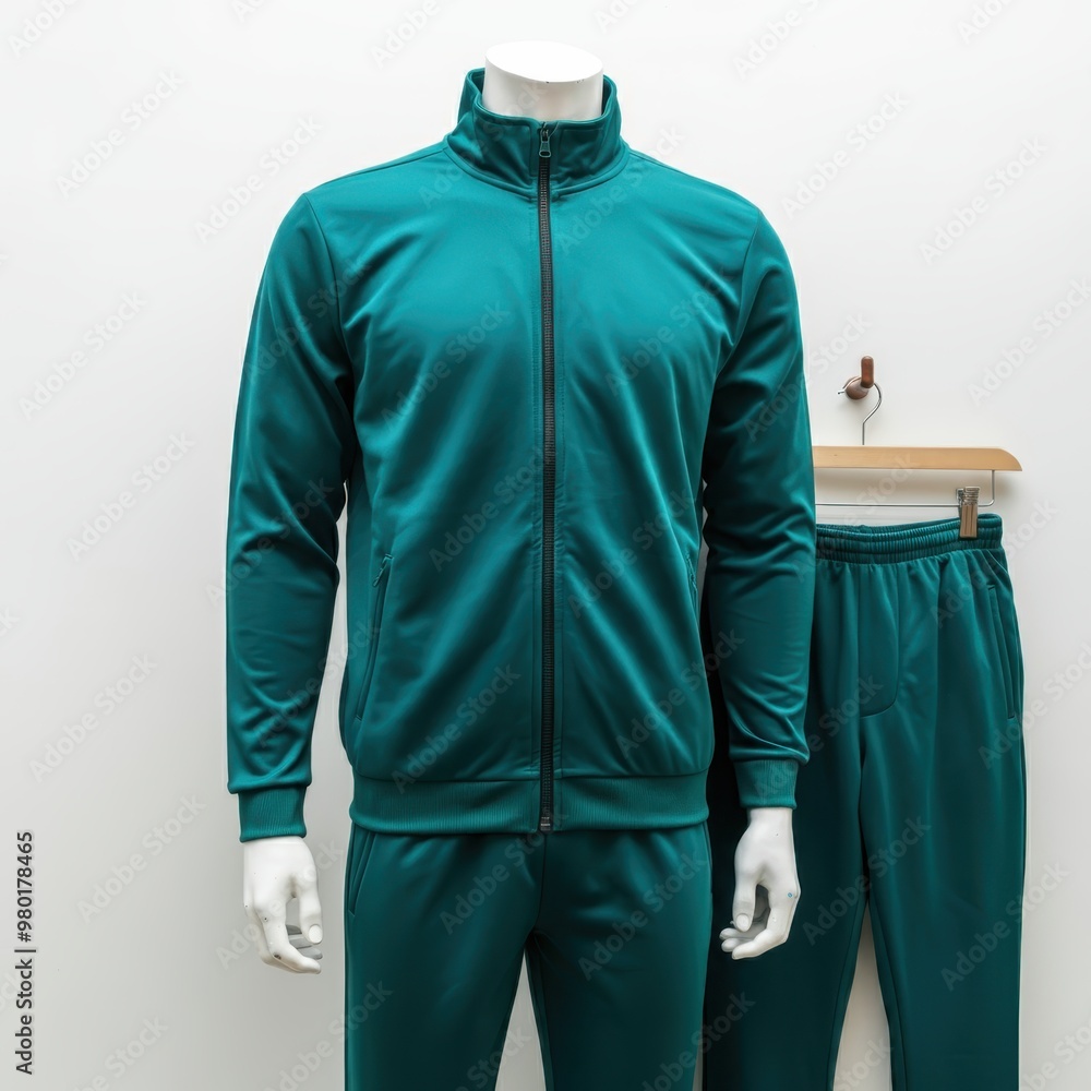 A tracksuit positioned upright on a mannequin against a clean white ...