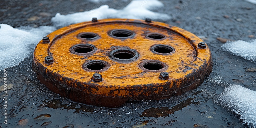 Metal manhole cover with holes and melted snow on winter road ...