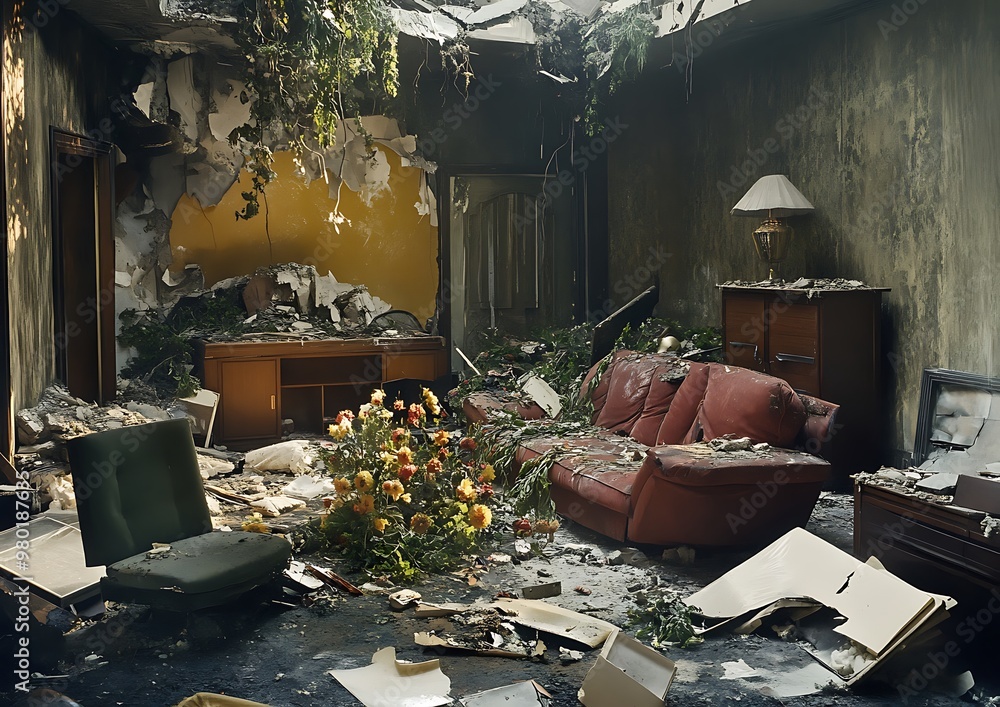 A living room destroyed by fire, with plants growing through the debris ...