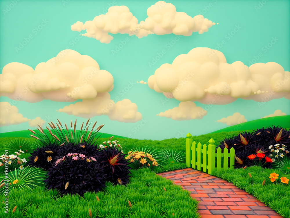 green sky with lemon yellow fluffy clouds, dark purple, light purple ...