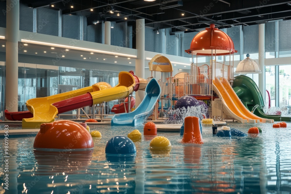 Brightly colored indoor water park with exciting slides and floating ...