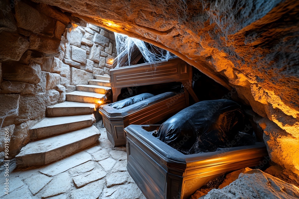 A vampire lair hidden in the basement of an ancient castle, filled with ...