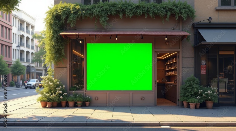 Cafe Window Display Mockup: Charming Green Screen Storefront for ...