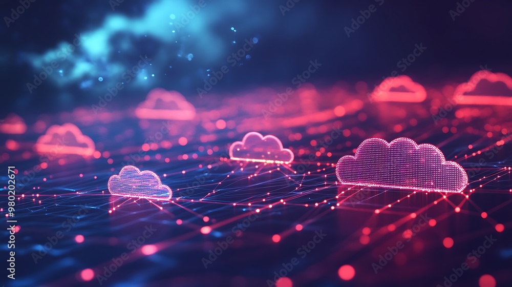Multiple cloud icons interconnected by digital lines, symbolizing data ...