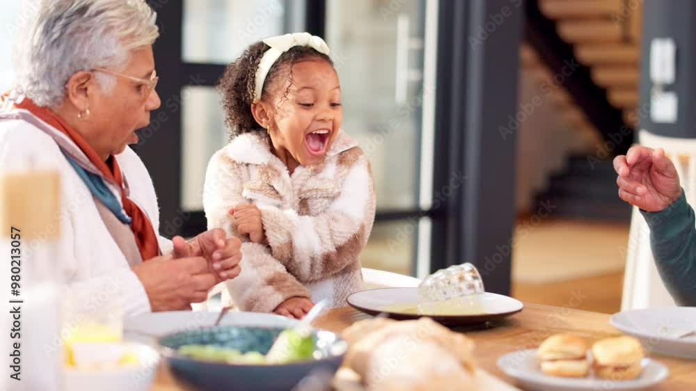 Funny, lunch and child spill drink, accident and mistake in home at ...