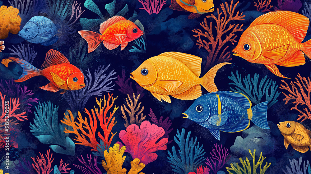Fish and Coral: An underwater pattern featuring colorful fish swimming ...