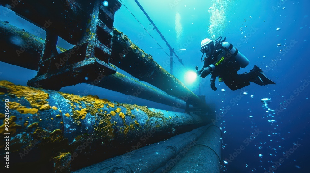 An Expert technicians are diving to install underwater oil and gas ...