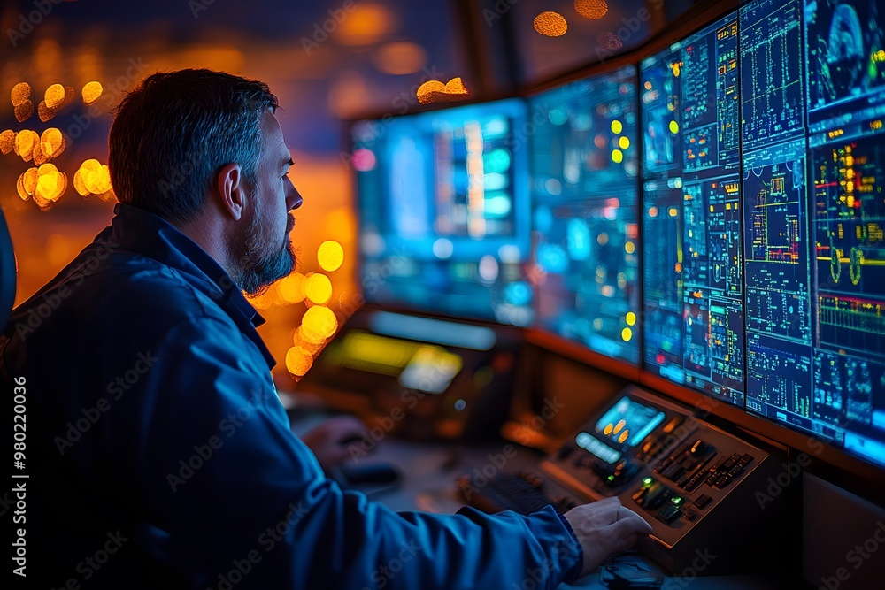 An engineer in the pipeline control room overseeing subsea pipeline ...