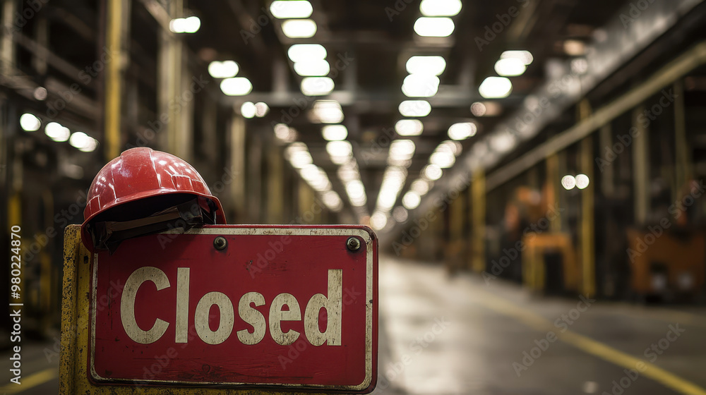 empty assembly line features prominent Closed sign alongside workers ...