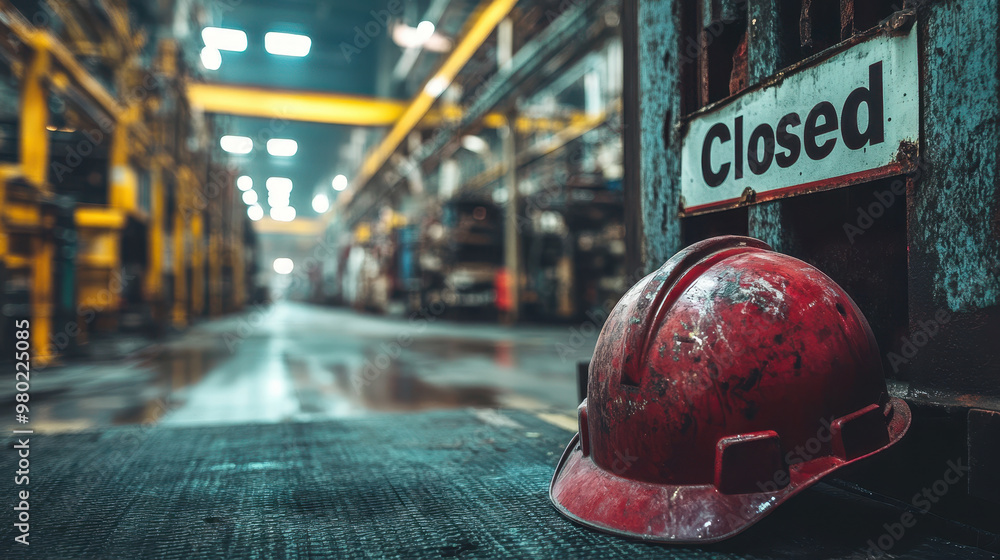 empty assembly line features prominent Closed sign alongside red ...