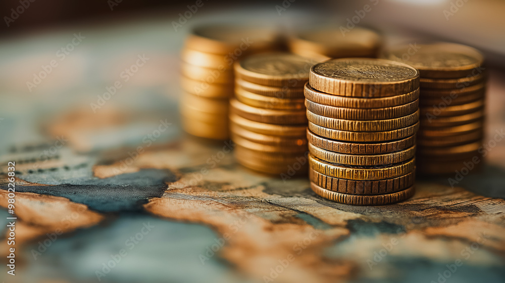 A pile of gold coins sits on a map. The coins are stacked in a pyramid ...