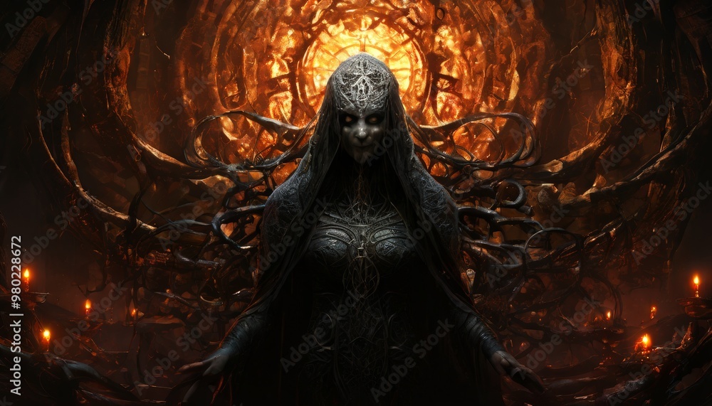 A mysterious dark priestess stands ominously in front of a fiery altar ...