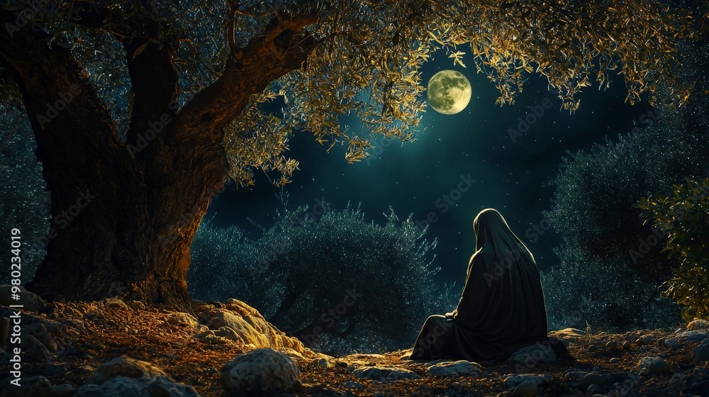 Jesus Christ praying in the Garden of Gethsemane, surrounded by ancient ...