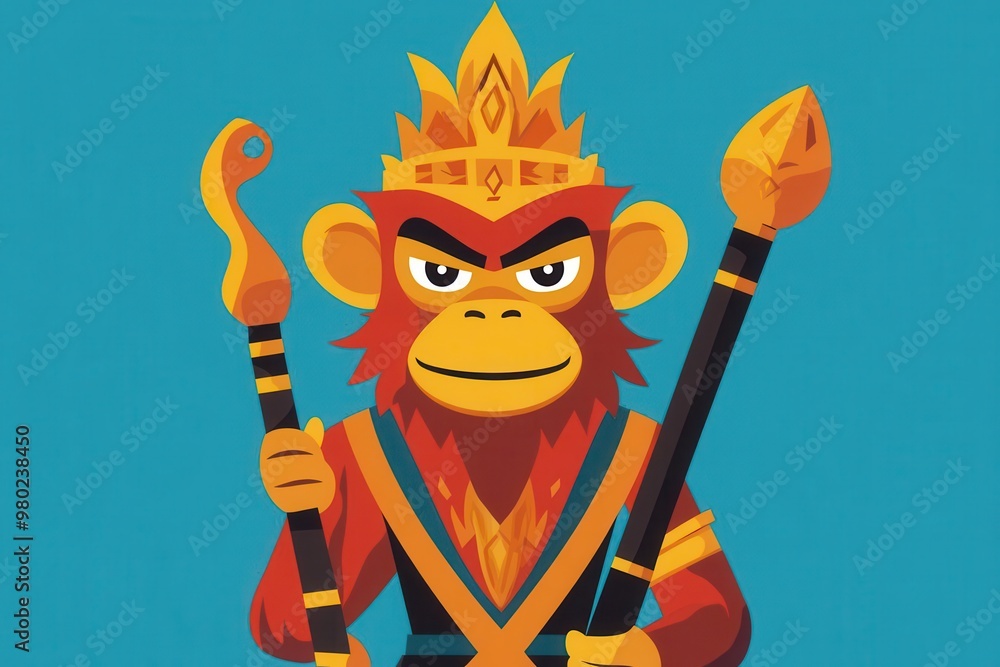 Sun Wukong monkey king in flat design, front view, adventure theme ...