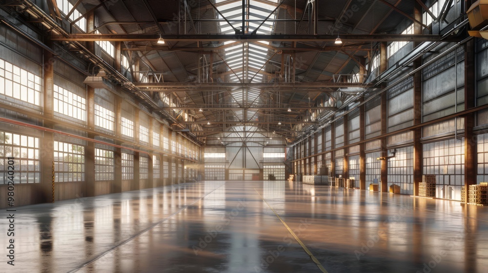 An expansive factory interior with steel girders and exposed ductwork ...