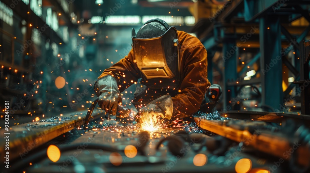 Gritty, industrial factory with a welder at work, sparks creating a ...