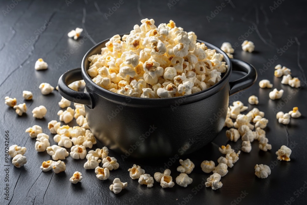 Freshly popped white homemade unseasoned popcorn overflows from a black ...