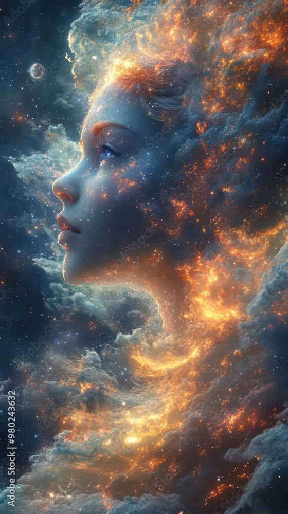 cosmic goddess emerging from swirling galaxy her ethereal form composed ...