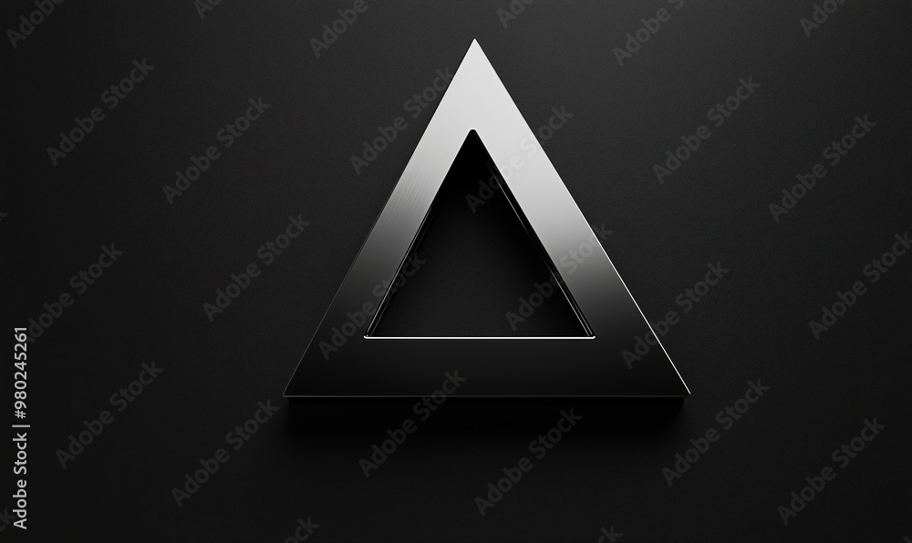 A triangle is shown in a black background. The triangle is silver and ...