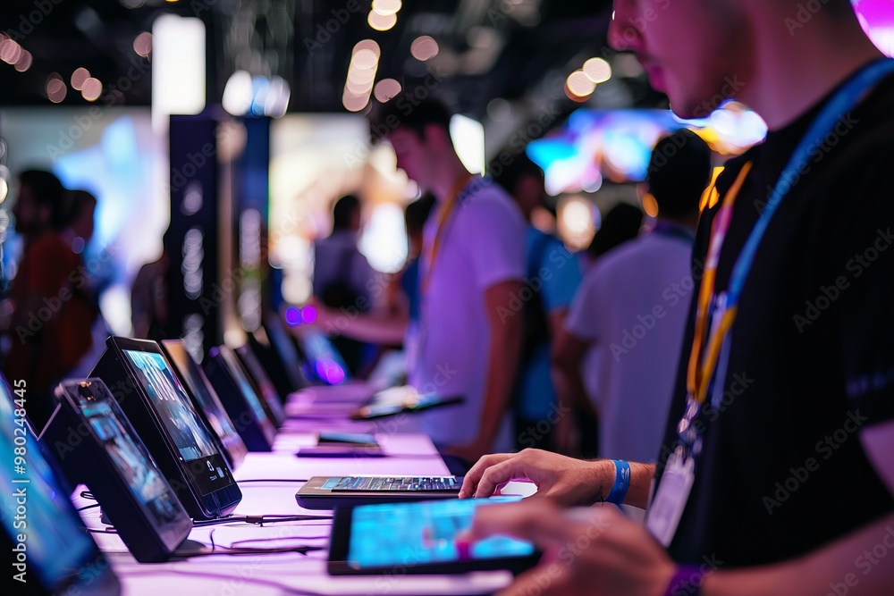 A Tech Access Point At A Public Event With Demo Stations For New ...