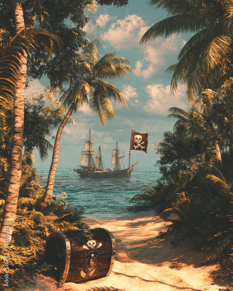 A pirate island scene with palm trees, a treasure chest, and a pirate ...