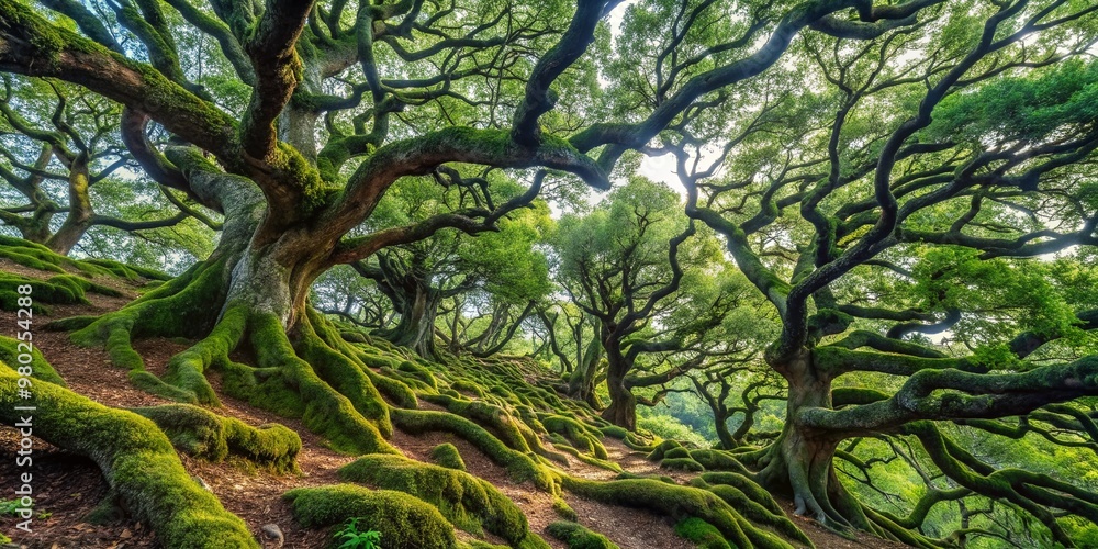 Dense thicket of twisted, ancient oak trees with gnarled branches and ...