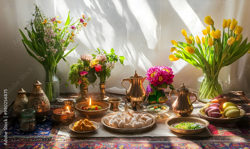 Haft Seen traditional table of Nowruz. Haft-Seen also spelled as Haft ...