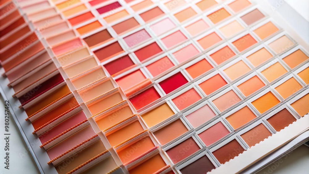 Vibrant peach-hued colour swatches arranged on a sleek design catalog ...