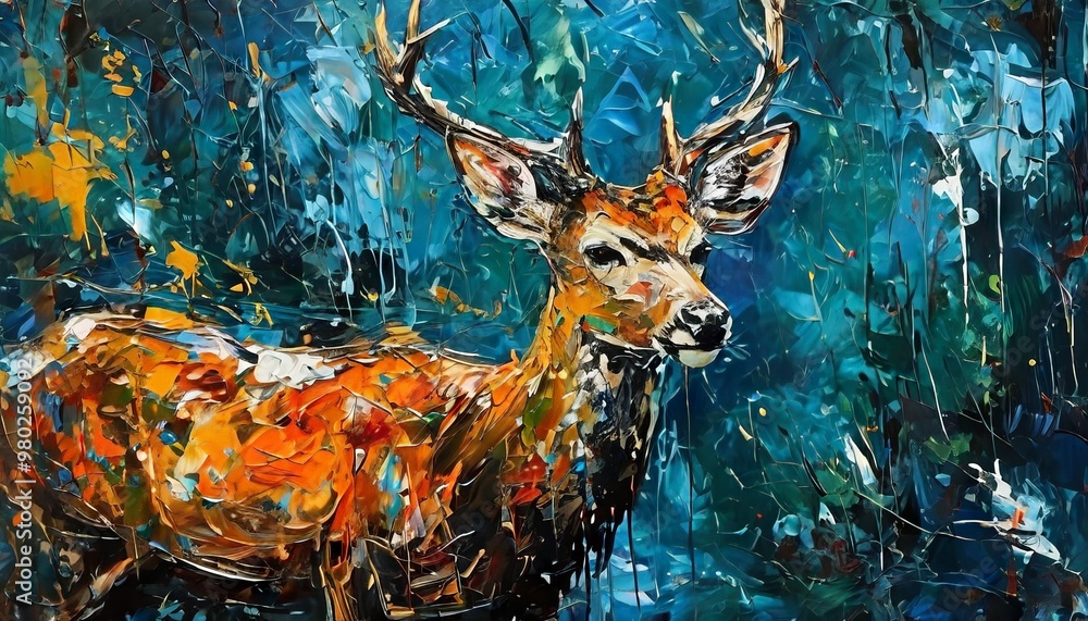 An abstract oil painting of a deer with prominent antlers in a forest ...