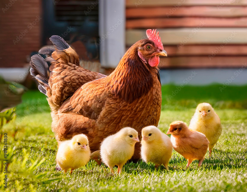 Gallina colorada cuidando a sus cinco pollitos recién nacidos en un ...