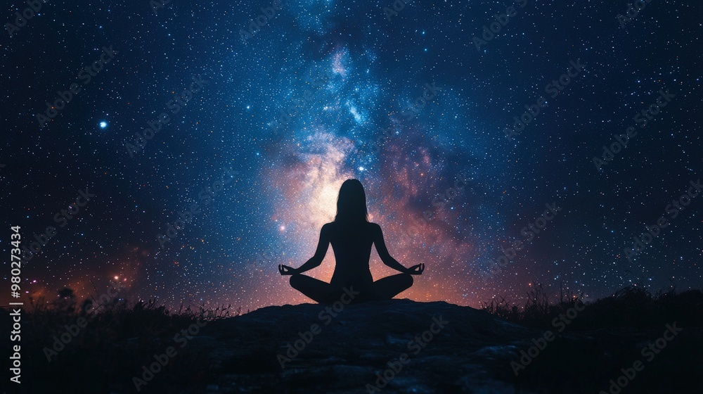 Graceful silhouette of a woman performing a yoga pose against a night ...