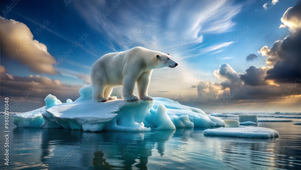 Melting iceberg floating in ocean, with polar bear stranded on it ...