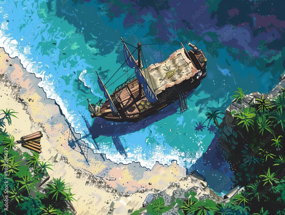 Pixel pirate, treasure map, 8bit art style, vibrant colors, topdown ...