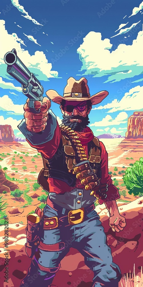 8bit cowboy, desert showdown, pixel art style, vibrant colors, topdown ...
