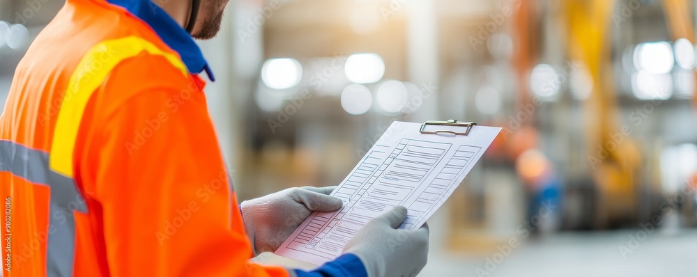 Detailed closeup of a checklist being inspected by a worker, focus on ...