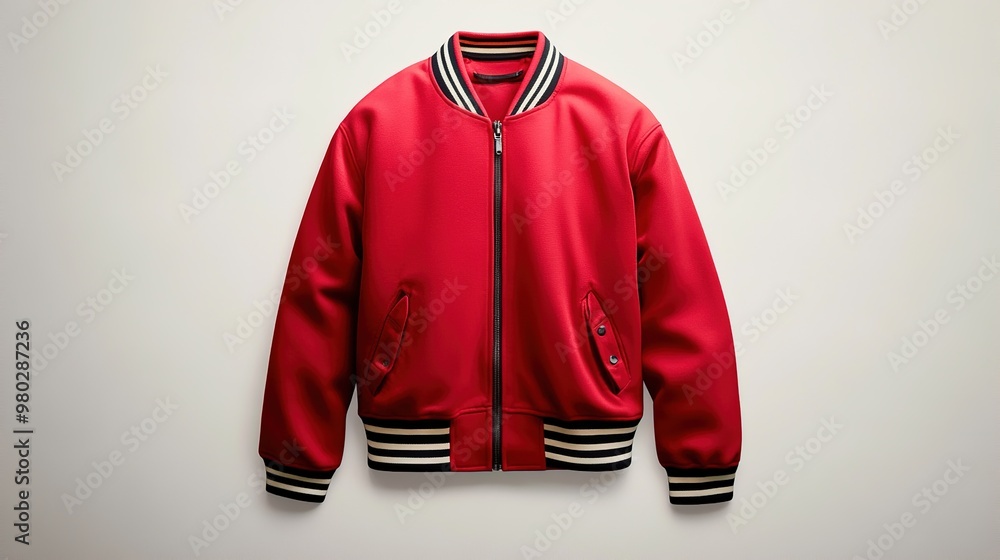 Red varsity jacket with striped collar and cuffs displayed on a plain ...