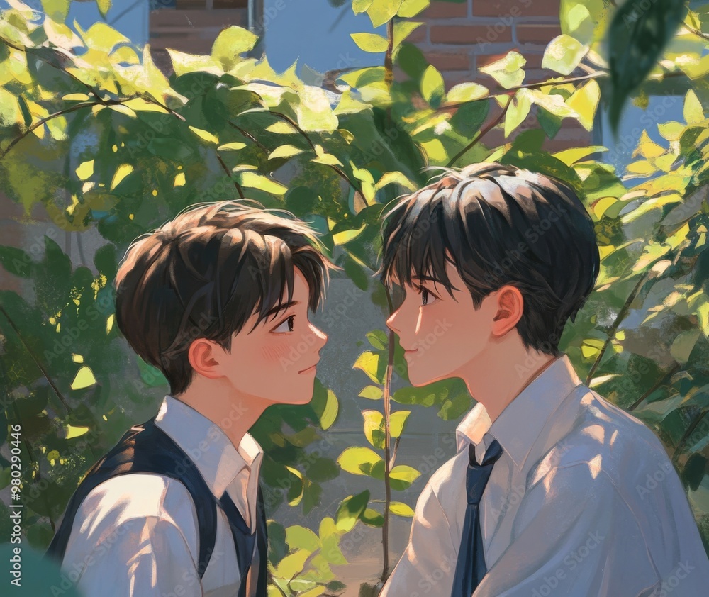 Affectionate Boys in School Uniforms Sitting Back to Back on the ...