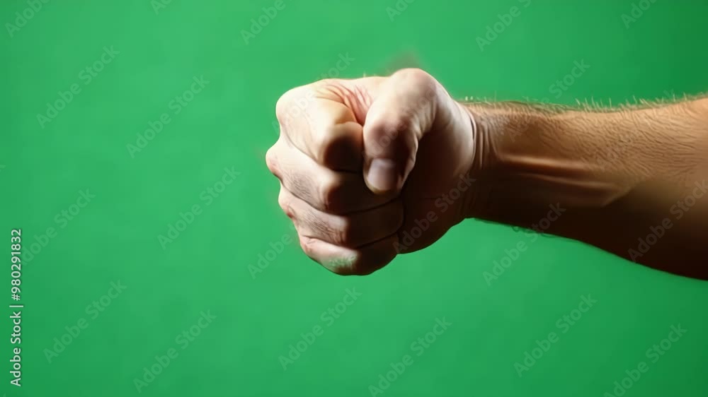 Male hand is clenching a fist against a vibrant green screen background ...