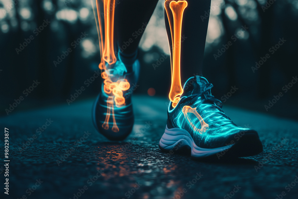 person's legs are shown in a blue and orange light, with the bones of ...